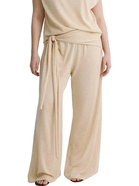 Mango Wide Leg Knit Pants With Knotted Sash - Ecru