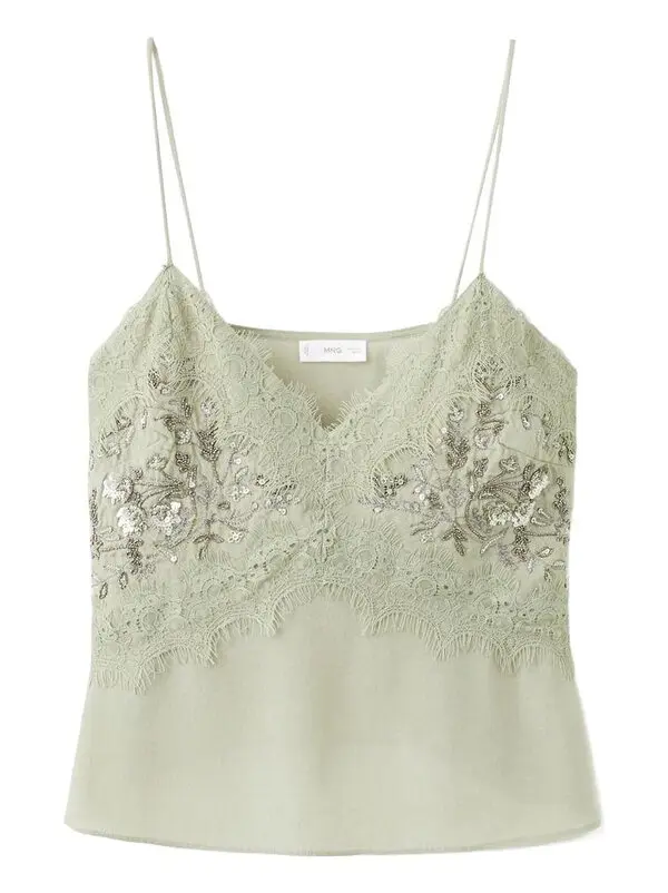 Mango Micro Beaded Embroidered Eyelash Lace Camisole - Green