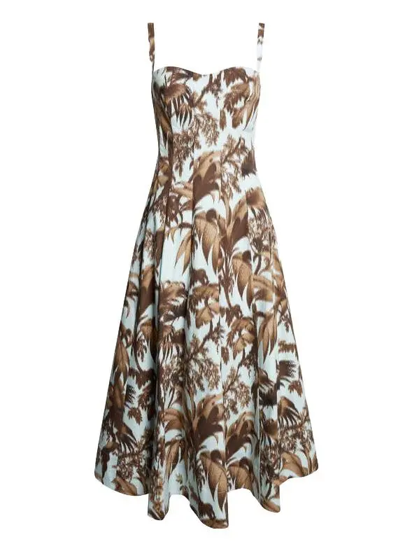 Oscar De La Renta Chiné Palm Leaves Cotton Poplin Sundress - Brown/saltwater