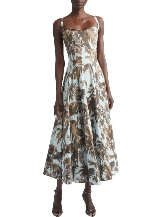Oscar De La Renta Chiné Palm Leaves Cotton Poplin Sundress - Brown/saltwater