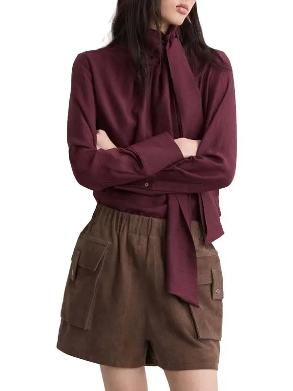 Mango High Neck Blouse With Draped Scarf - Maroon