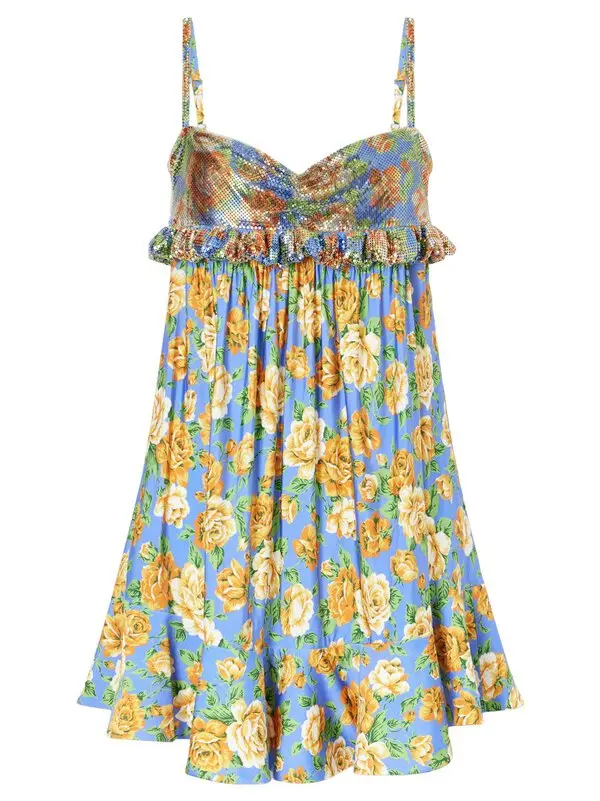 Rabanne Embellished Ruffled Floral-print Jersey Mini Dress - Multi