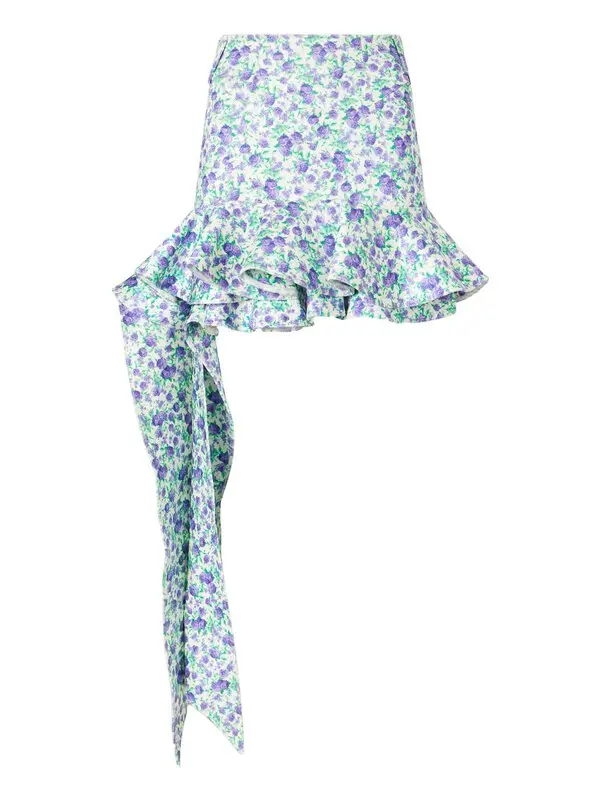 Rabanne Tie-detailed Ruffled Floral-print Stretch-jersey Mini Skirt - Blue