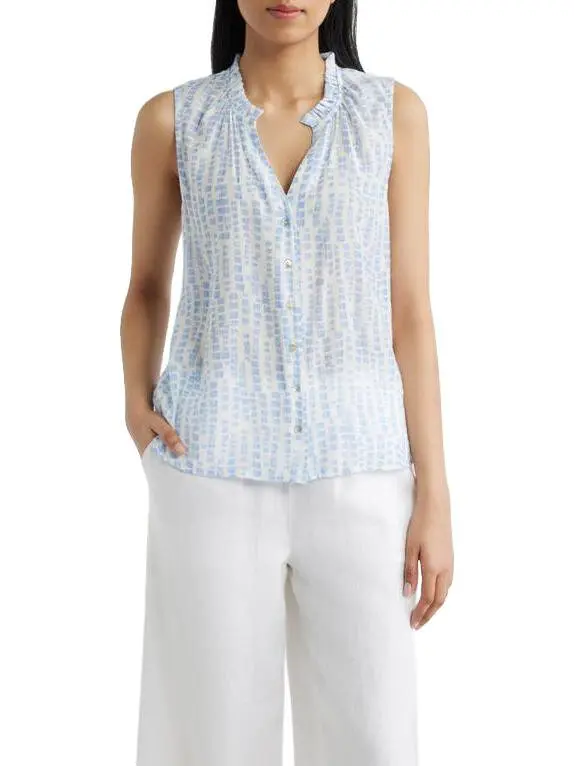 CLOTH & STONE Sleeveless Block Print Shirt With Split Neck - Saltwater Blocks