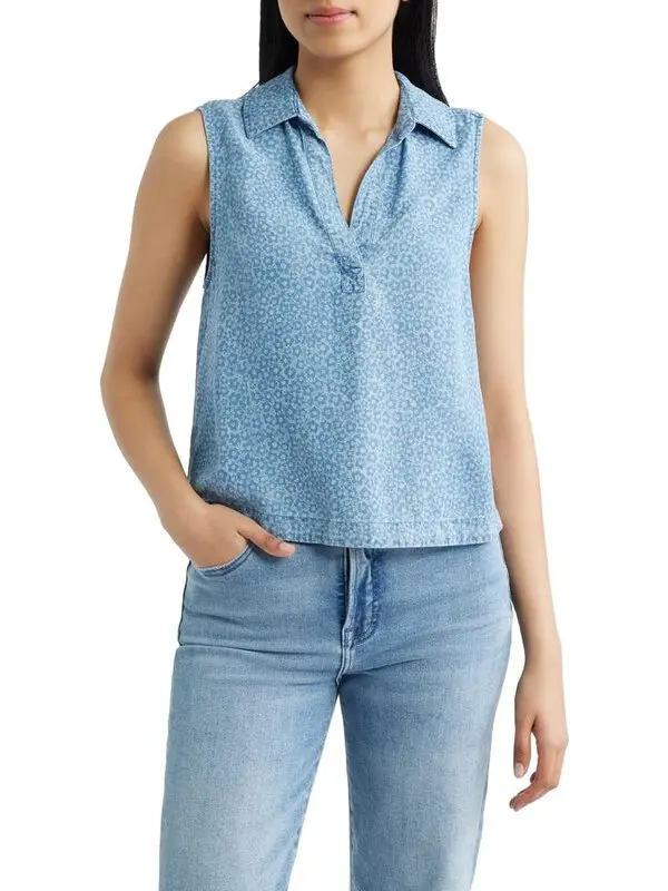 CLOTH & STONE Printed Johnny Collar Sleeveless Top - Denim Flower