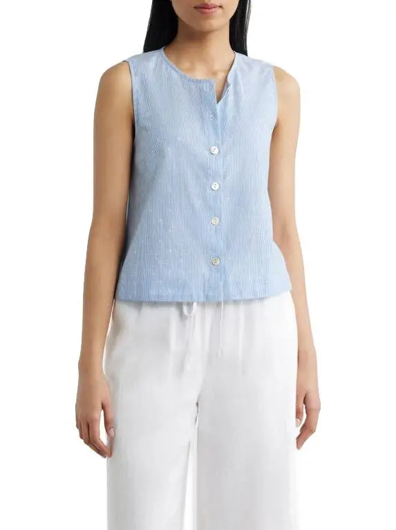 CLOTH & STONE Clip Dot Button Front Sleeveless Top - Riviera Pinstripe