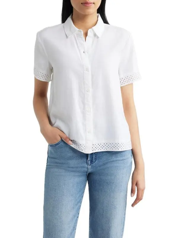 CLOTH & STONE Lace Trim Short Sleeve Button-up Shirt - White