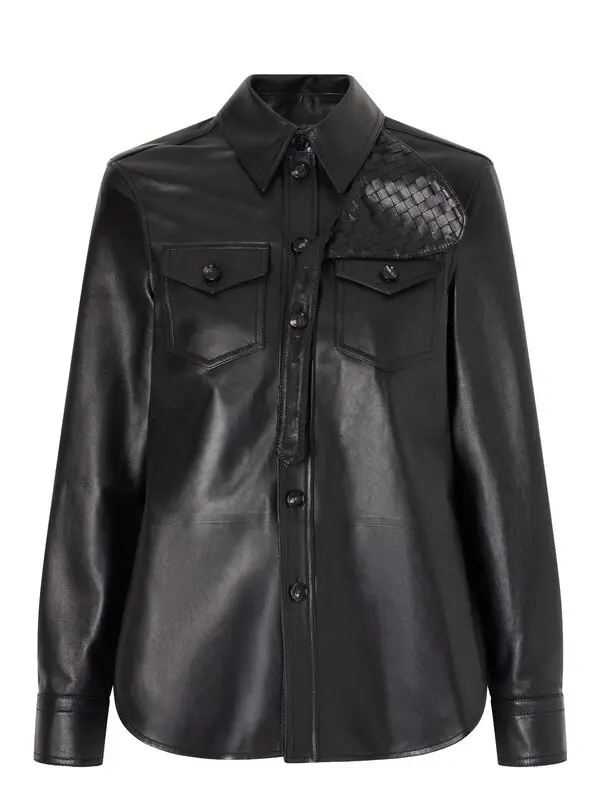 Bottega Veneta Leather Shirt With Intrecciato Trim - Black