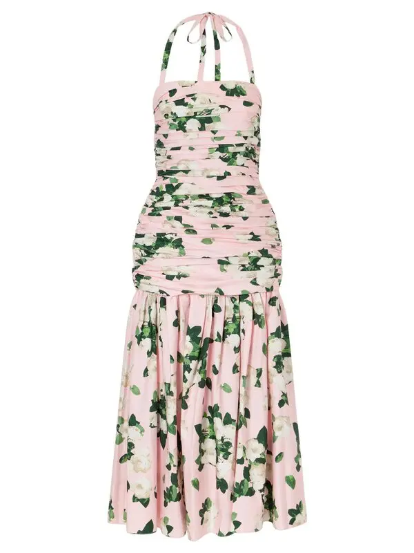 Carolina Herrera Floral-print Ruched Cotton-blend Maxi Dress - Pink