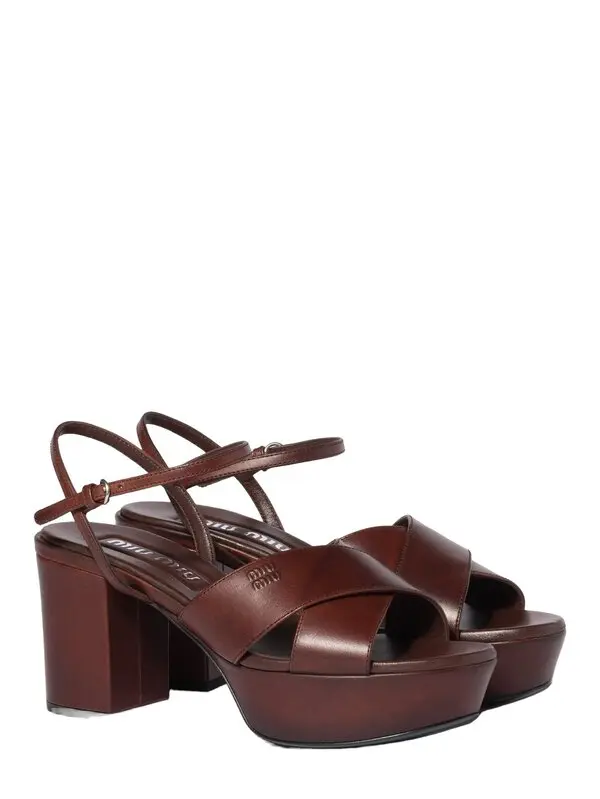 Miu Miu Leather Platform Sandals With Embossed Logo - Coffee