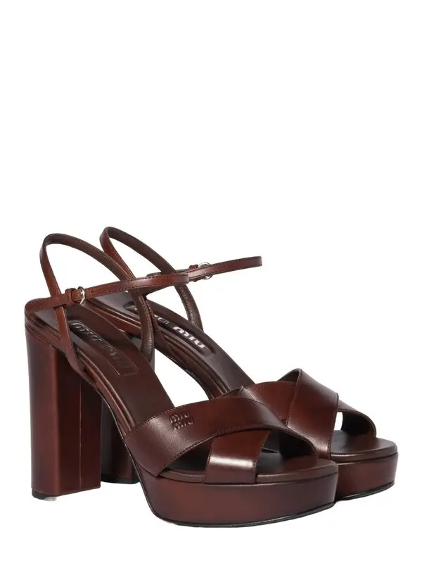 Miu Miu Leather Platform Sandals With Embossed Logo - Coffee