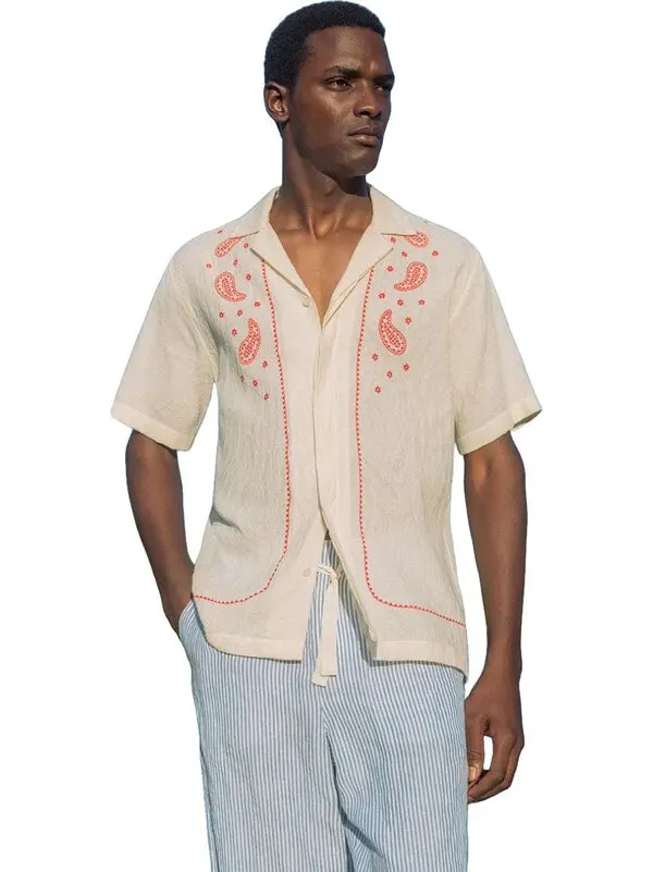 Orlebar Brown White Sand Maitan Embroidered Shirt - Red