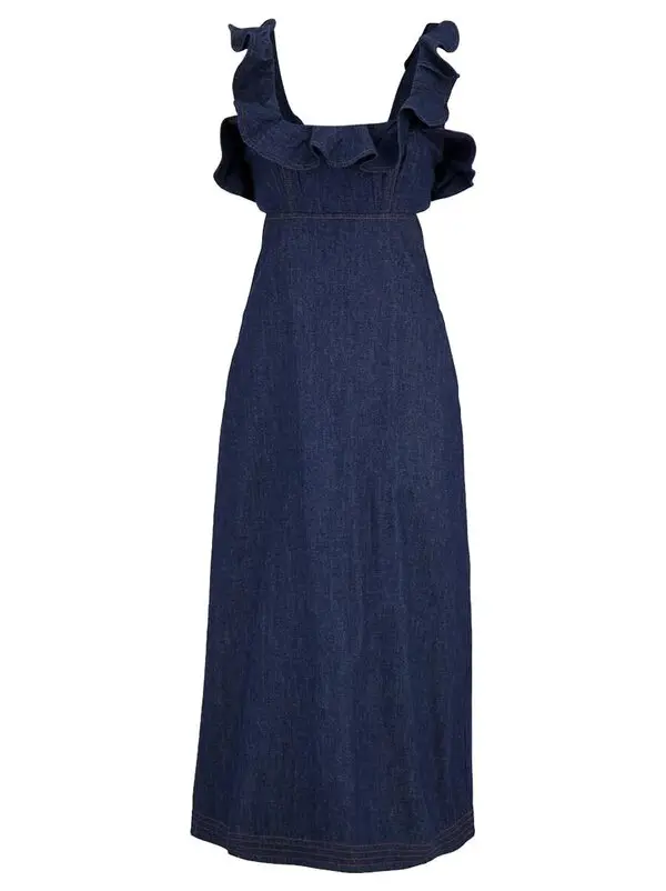 Zimmermann Ink Aster Denim Frill Midi Dress - Blue