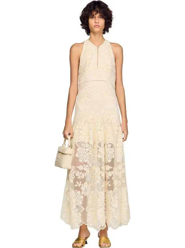 Sandro Floral Guipure Lace Maxi Dress - Vanilla