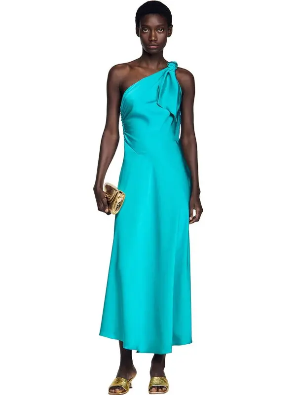 Sandro Satin-effect Maxi Dress With Asymmetrical Cutout And Knot Detail - Green