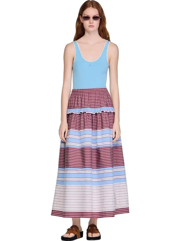 Sandro Maxi Striped Cotton Skirt - Burgundy / White