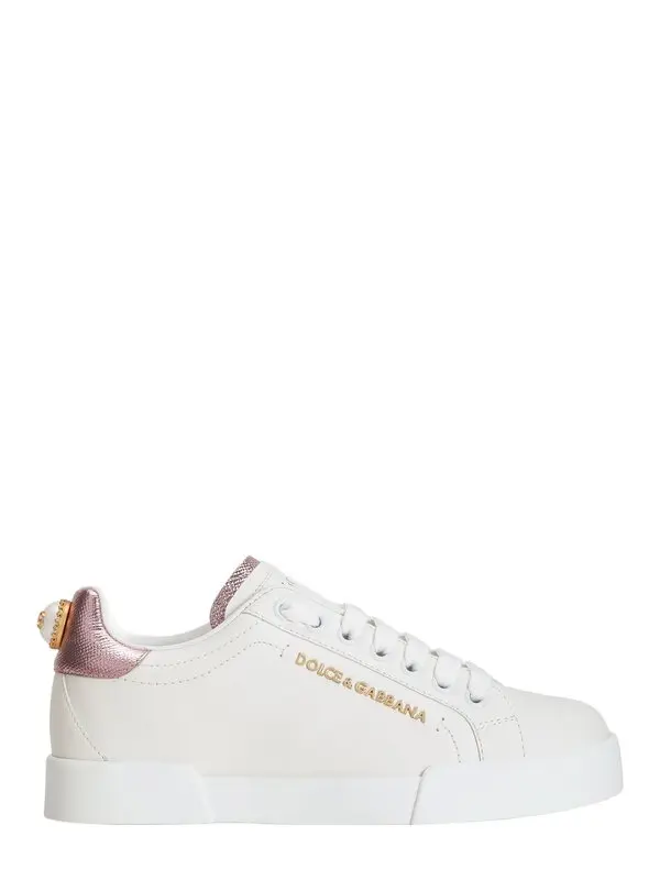 Dolce & Gabbana Portofino Nappa Calfskin Sneakers With Lettering - White/pink