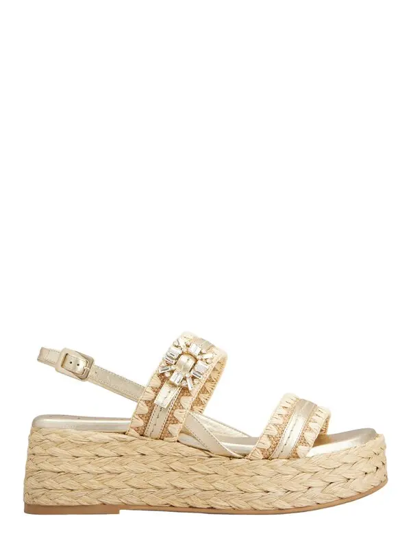 ROGER VIVIER Raffia Wedge Sandals With Crystal Buckle - Gold