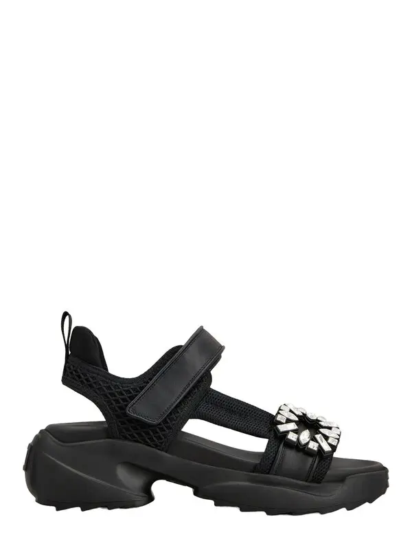 ROGER VIVIER Viv' On The Run Leather And Mesh Sandals With Crystal Buckle - Black