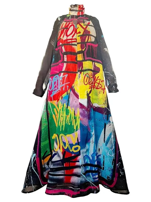 MAXJENNY A-line Maxi Dress With Street Art Print And High Collar - Blue/red