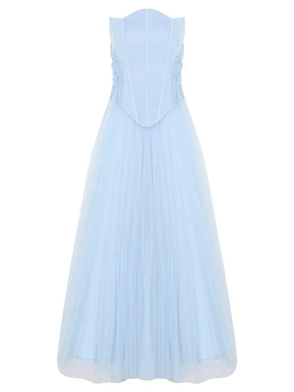 TUBA ERGIN Alie Corset Set With Stone Embellishments And Pleated Tulle Skirt - Blue
