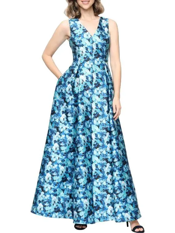 Alex Evenings Sleeveless V-neck Mikado Gown - Teal Multi