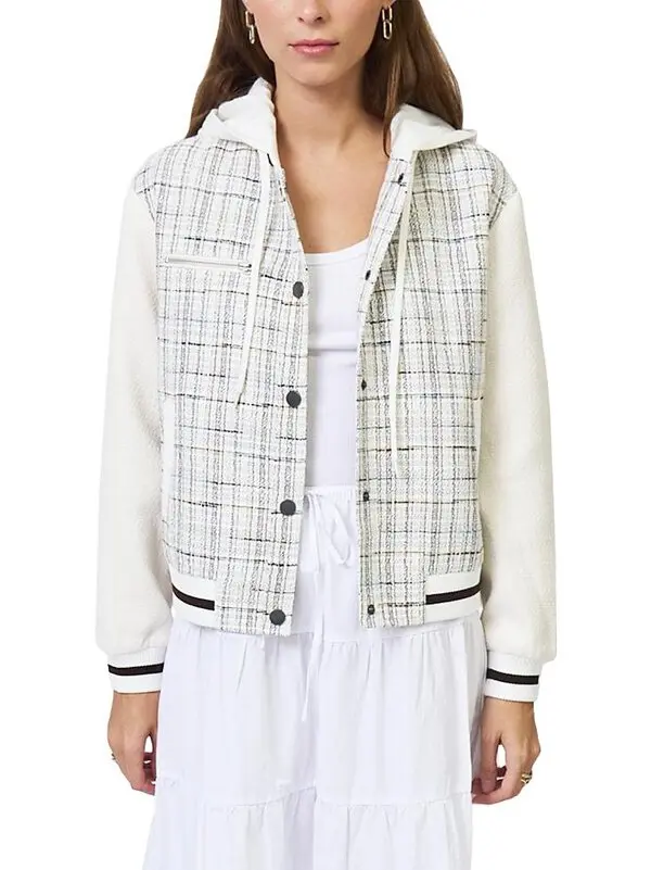 Central Park West Logan Tweed Bomber Jacket With Hood - White Plaid
