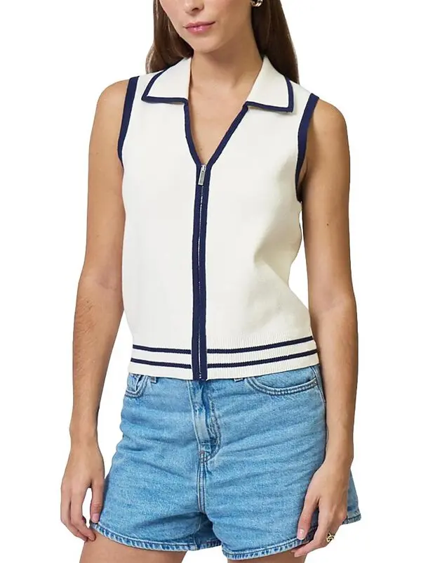 Central Park West Sleeveless Collared Zip-up Sweater - White Ivory