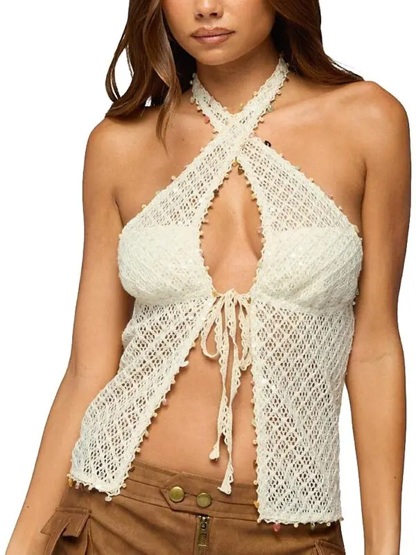 EDIKTED Sheer Net Sequin Split Front Top - Beige