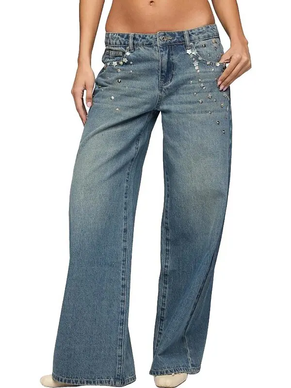 EDIKTED Mahlia Low Rise Baggy Jeans - Blue-vintage-washed