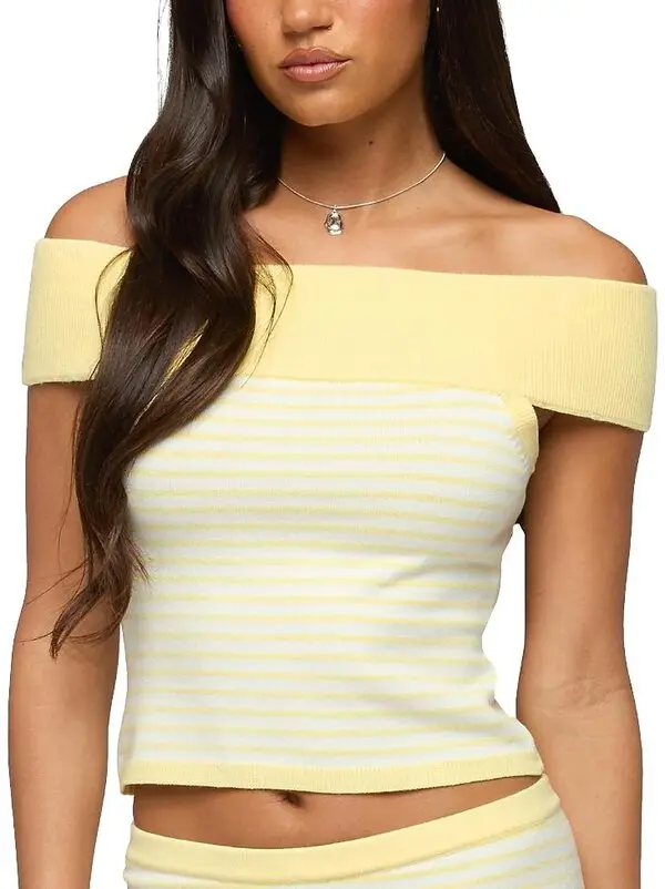 EDIKTED Camil Striped Knit Off-the-shoulder Top - Yellow-and-white