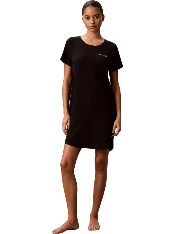 Calvin Klein Viscose Cotton Blend Night Shirt With Allover Logo Print - Black