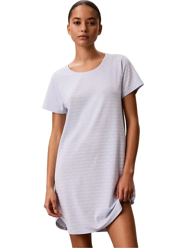 Calvin Klein Viscose Cotton Blend Night Shirt With Allover Logo Print - Core Logo Medium Halogen Blue