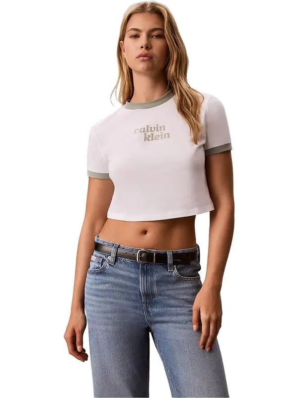 Calvin Klein Cropped Logo Graphic Ringer T-shirt - Bright White