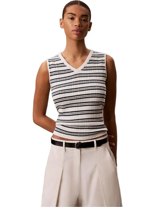 Calvin Klein Rib V-neck Tank Top - Tofu Biloxi Blue Stripe