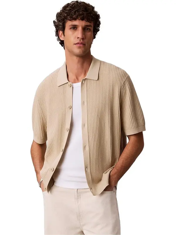 Calvin Klein Ribbed Knit Short Sleeve Button-down Shirt - White Pepper
