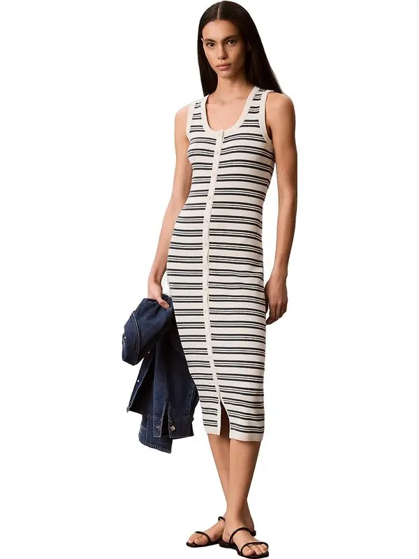 Calvin Klein Ribbed Stripe Button-front Midi Dress - Tofu Biloxi Blue Stripe
