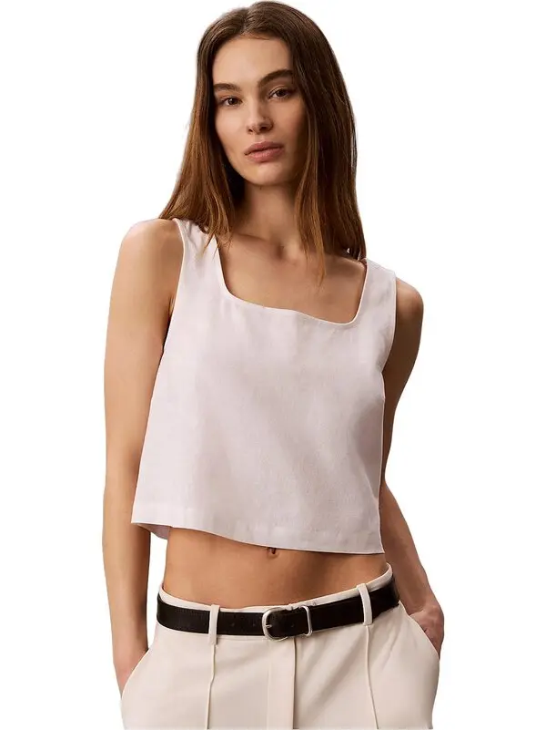 Calvin Klein Linen Blend Cropped Tank Top With Button Back - Brilliant White