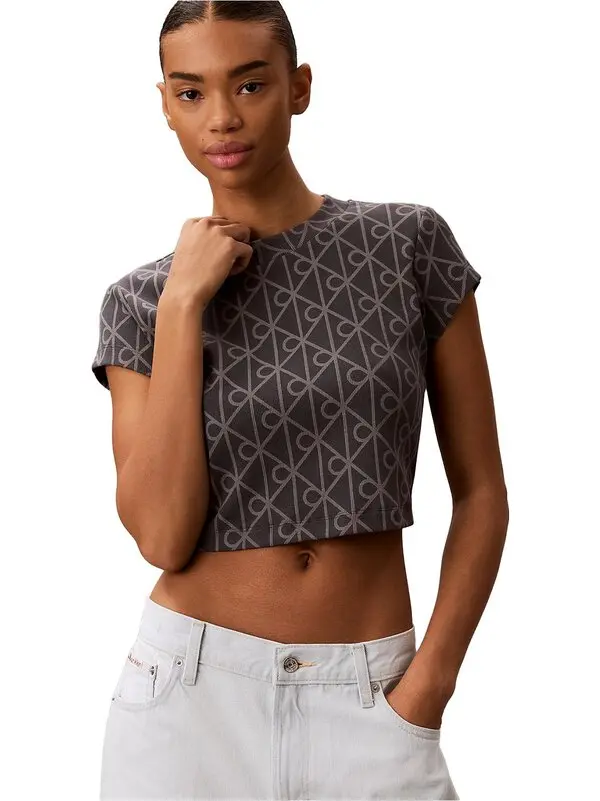 Calvin Klein Emblem Logo Cropped Baby Tee - Ebony