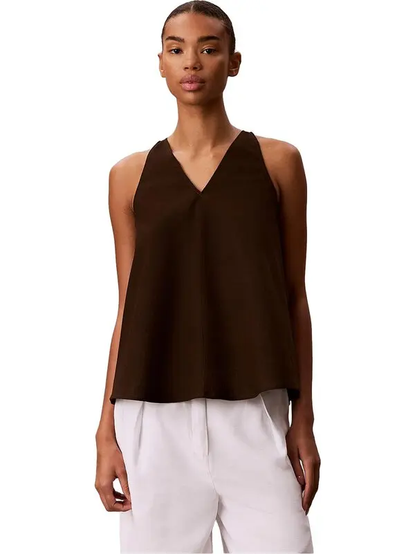 Calvin Klein Linen Blend Sleeveless V-neck Top With Tie Back - Dark Coffee