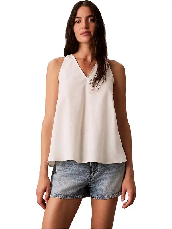 Calvin Klein Linen Blend Sleeveless V-neck Top With Tie Back - Tofu