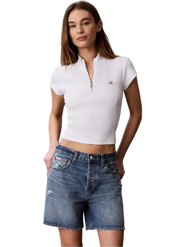 Calvin Klein Ribbed Monologo Quarter Zip T-shirt - Bright White