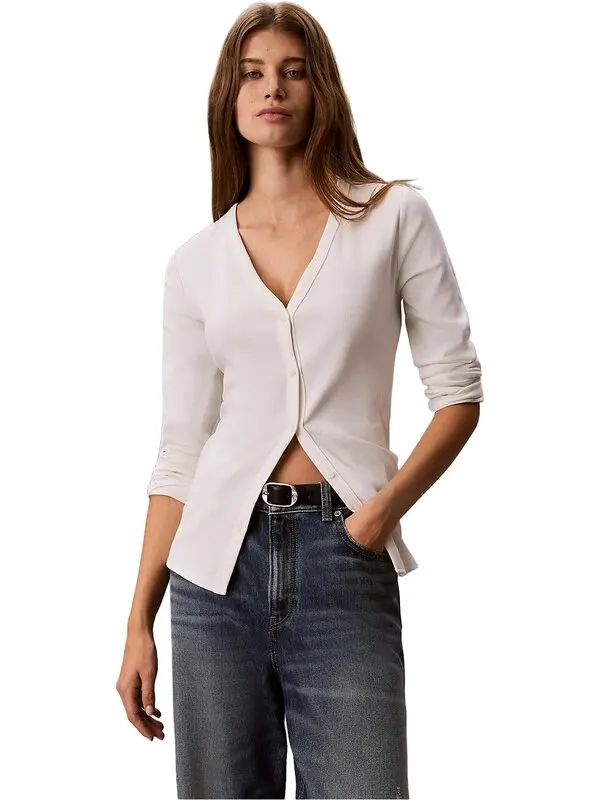 Calvin Klein Ribbed Slim Fit Cardigan - Bright White