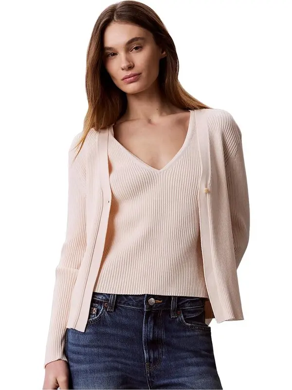 Calvin Klein Ribbed Cotton Cardigan And Tank Set - Mother Of Pearl