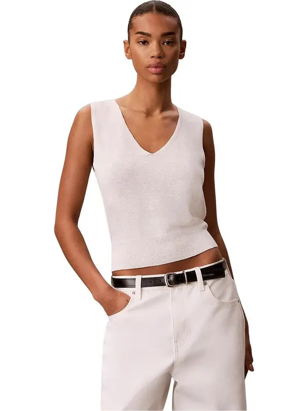 Calvin Klein Linen Blend V-neck Cropped Tank Top - Tofu