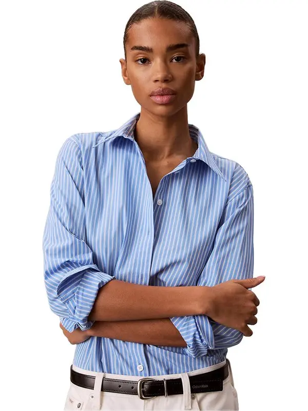 Calvin Klein Cotton Poplin Emblem Logo Stripe Button-down Shirt - Marina Blue