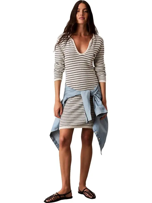 Calvin Klein Striped Rib Knit V-neck Mini Dress - Tofu