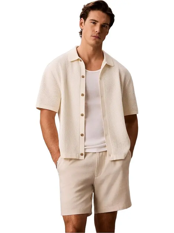 Calvin Klein Mesh Stitch Button-down Short Sleeve Sweater - Antique White