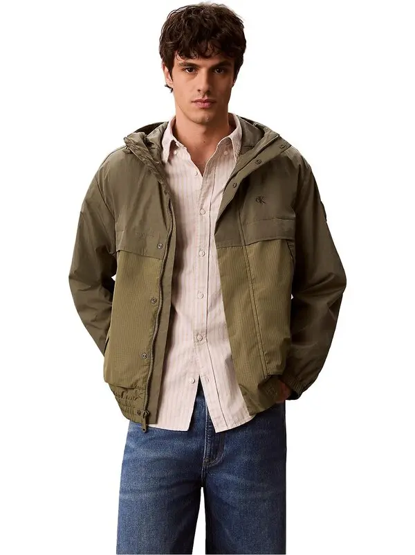 Calvin Klein Lightweight Nylon Mixed Media Hooded Jacket - Dusty Olive