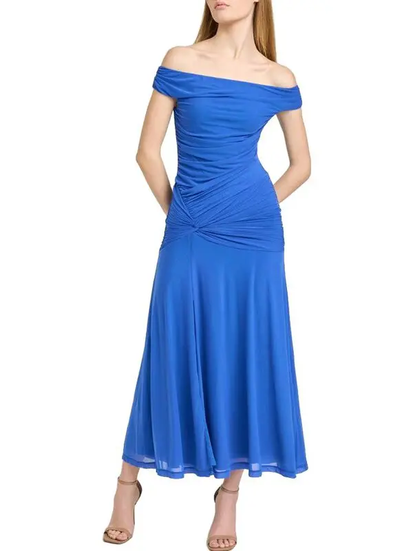 WAYF Margaux Off-the-shoulder Ruched Dress - Blue